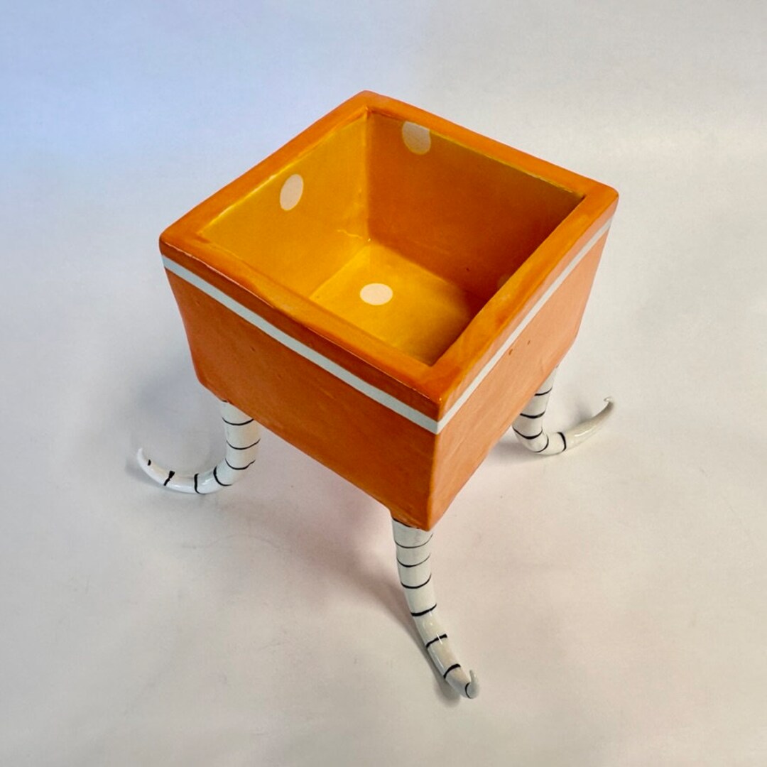 Whimsical Pottery Candy Dish: Orange Polka Dot Bowl With Striped Legs ...