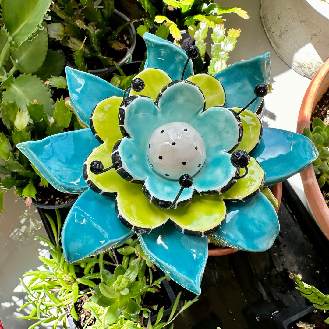 Turquoise Blue Ceramic Garden Flower -- Bright Colorful Pottery Yard ...