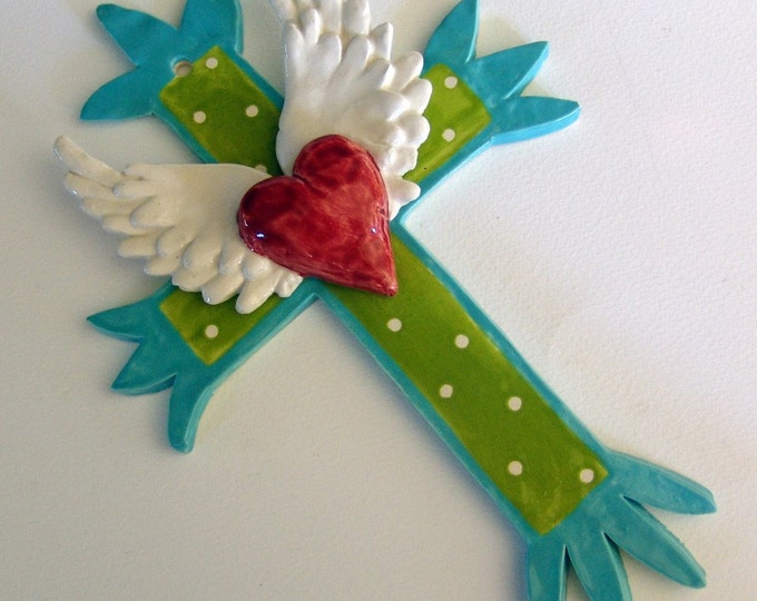 Large Ceramic Cross With Winged Heart - Etsy