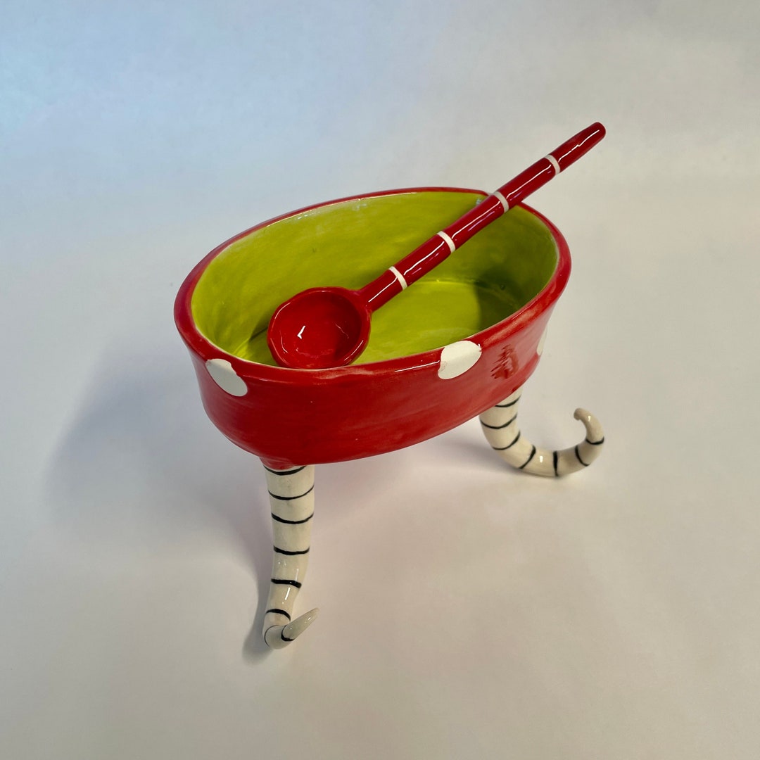Whimsical Pottery Serving Bowl W/ Stripe Legs, Polka-dots, Bright Red ...