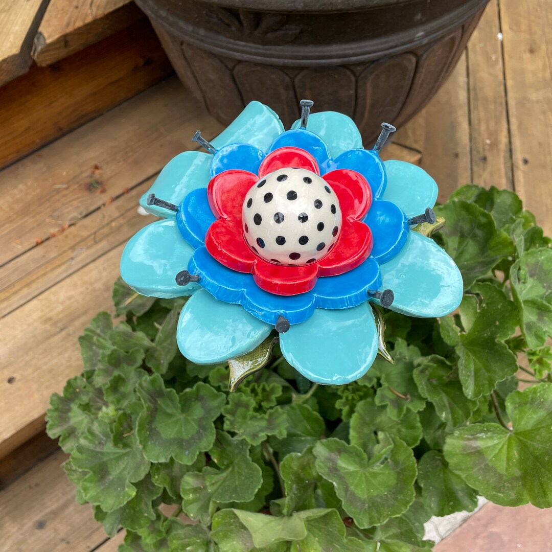 Bright Blue & Red Ceramic Garden Flower -- Colorful Pottery Yard Art - Etsy