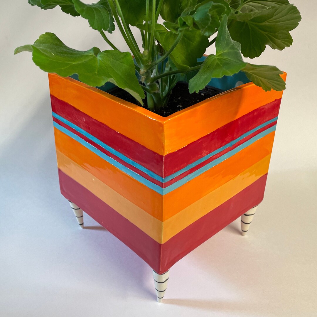 Huge Colorful Striped Ceramic Planter, Pottery Square Kitchen Vessel - Etsy