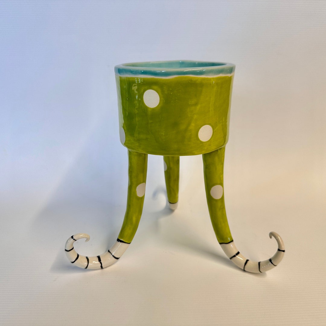 Whimsical Bright Green Pottery Bowl With Long Striped Curly Legs, Polka ...