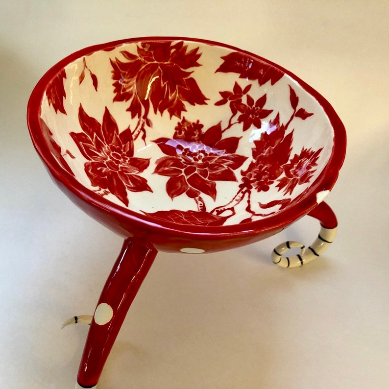 Tall Pottery Red Serving Bowl With Legs : Big Colorful - Etsy