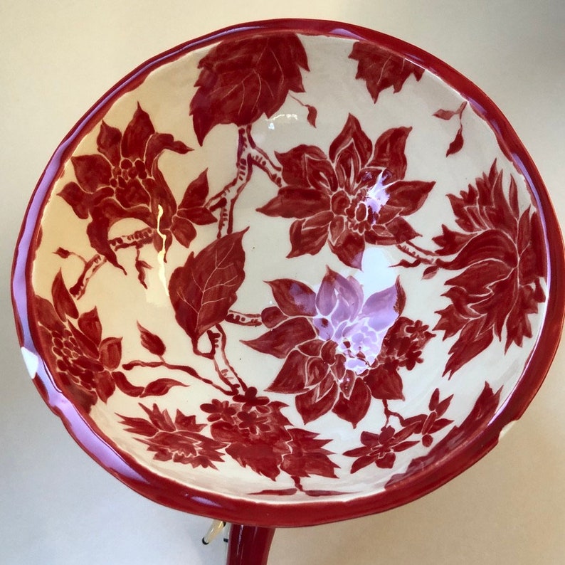 Tall Pottery Red Serving Bowl With Legs : Big Colorful - Etsy