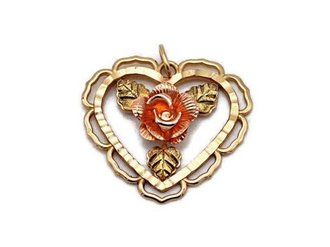 Vintage Black Hills Gold 10K Tri-color Rose Flower and Leaves Heart ...