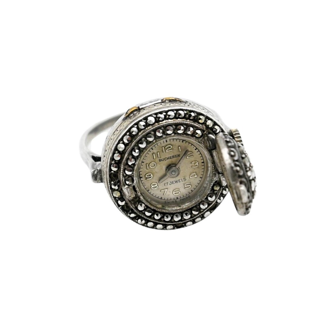 Vintage Bucherer Silver & Marcasite Ladies Swiss Watch Ring - 17 Jewels ...