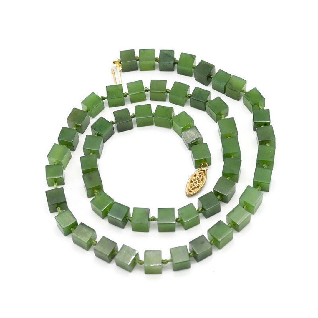 Vintage 14K Yellow Gold and Nephrite Jade Cube Bead Necklace - Hand ...
