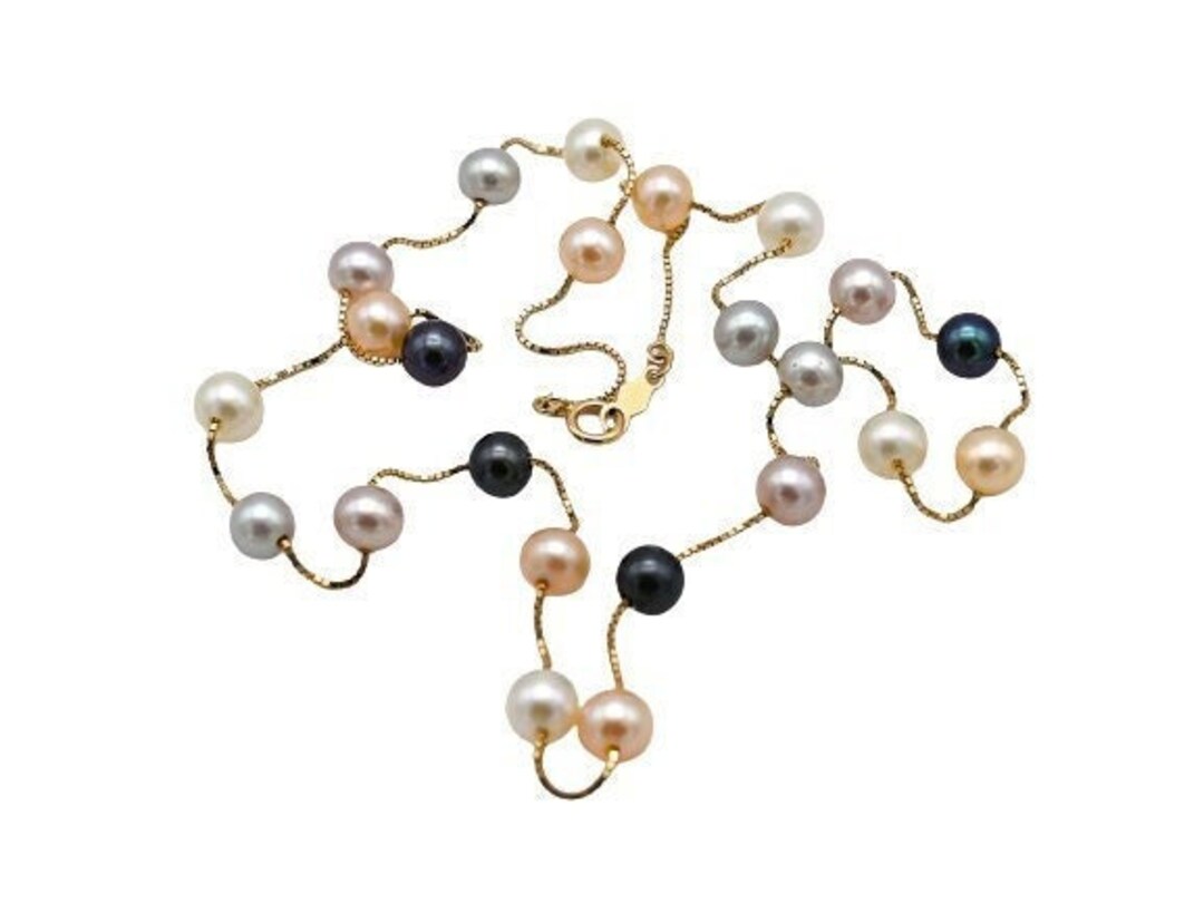 Vintage IPS 14K Yellow Gold & Multicolor Pearl Station Necklace ...