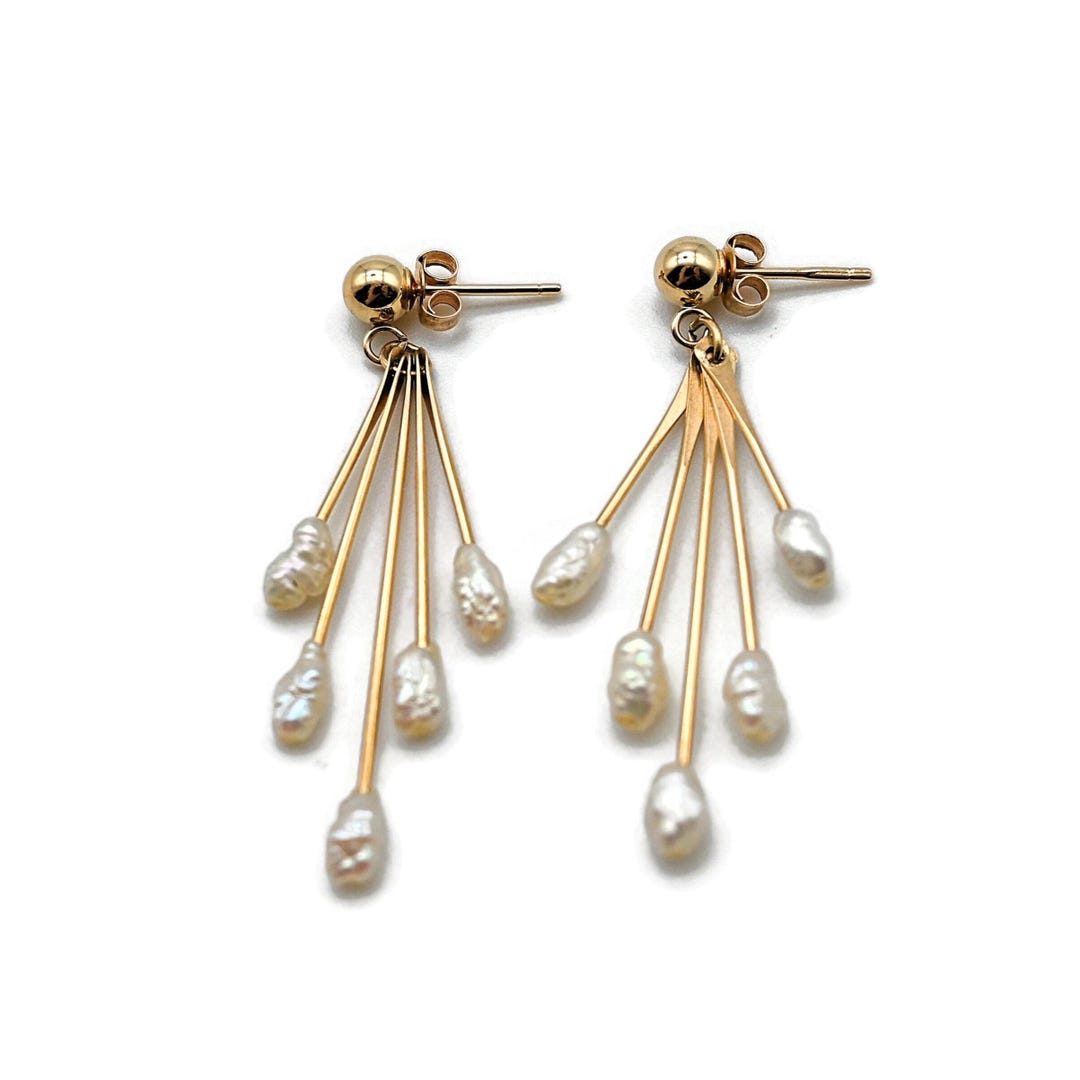 Vintage 14K Yellow Gold Multi Dangle White Baroque Pearl Pierced ...