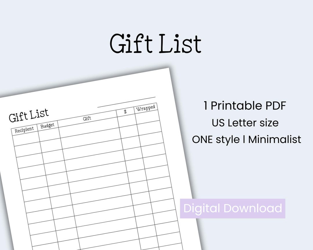 Printable Gift List, Minimialist Gift Planner, Simple Gift Tracker ...