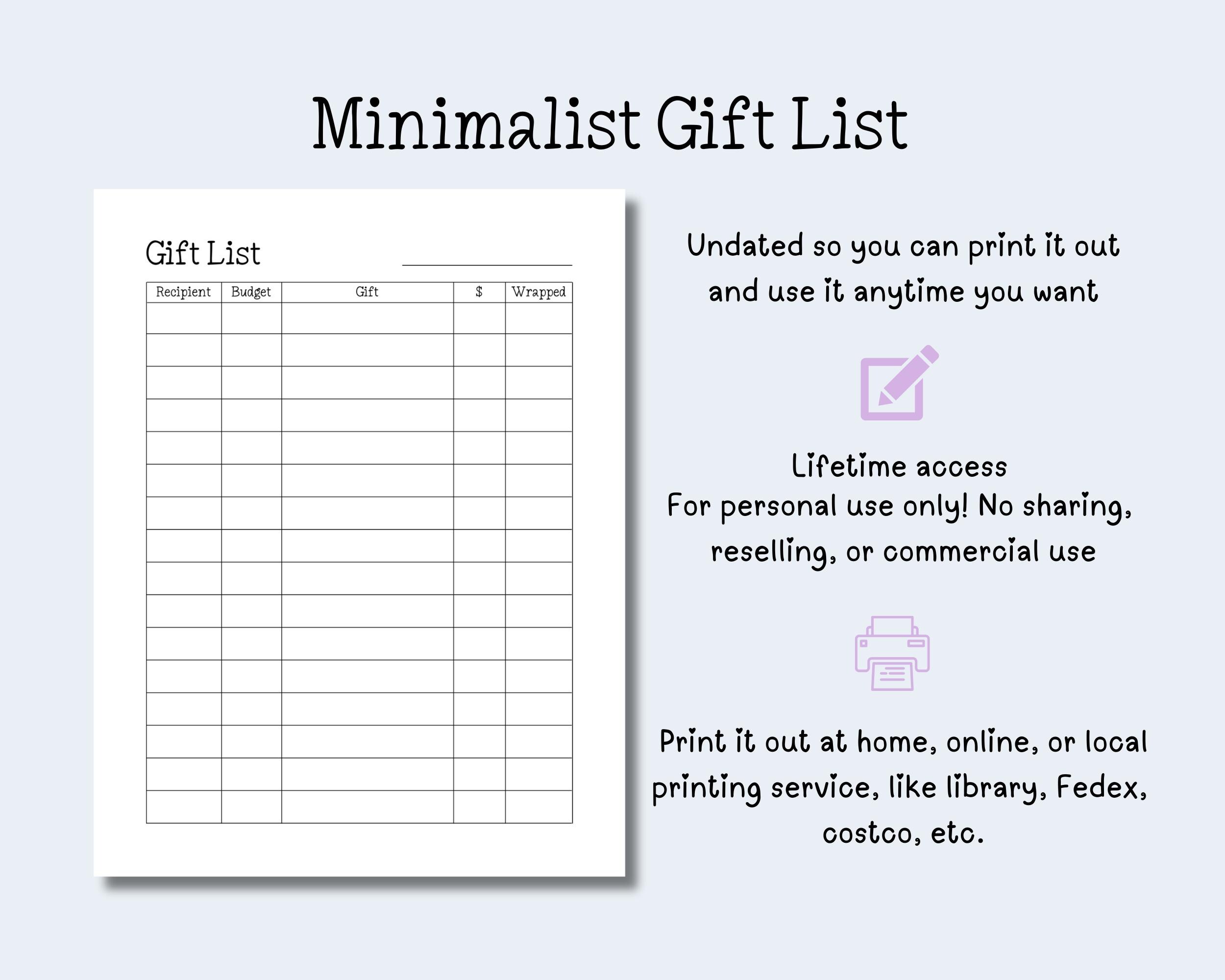 Printable Gift List, Minimialist Gift Planner, Simple Gift Tracker ...
