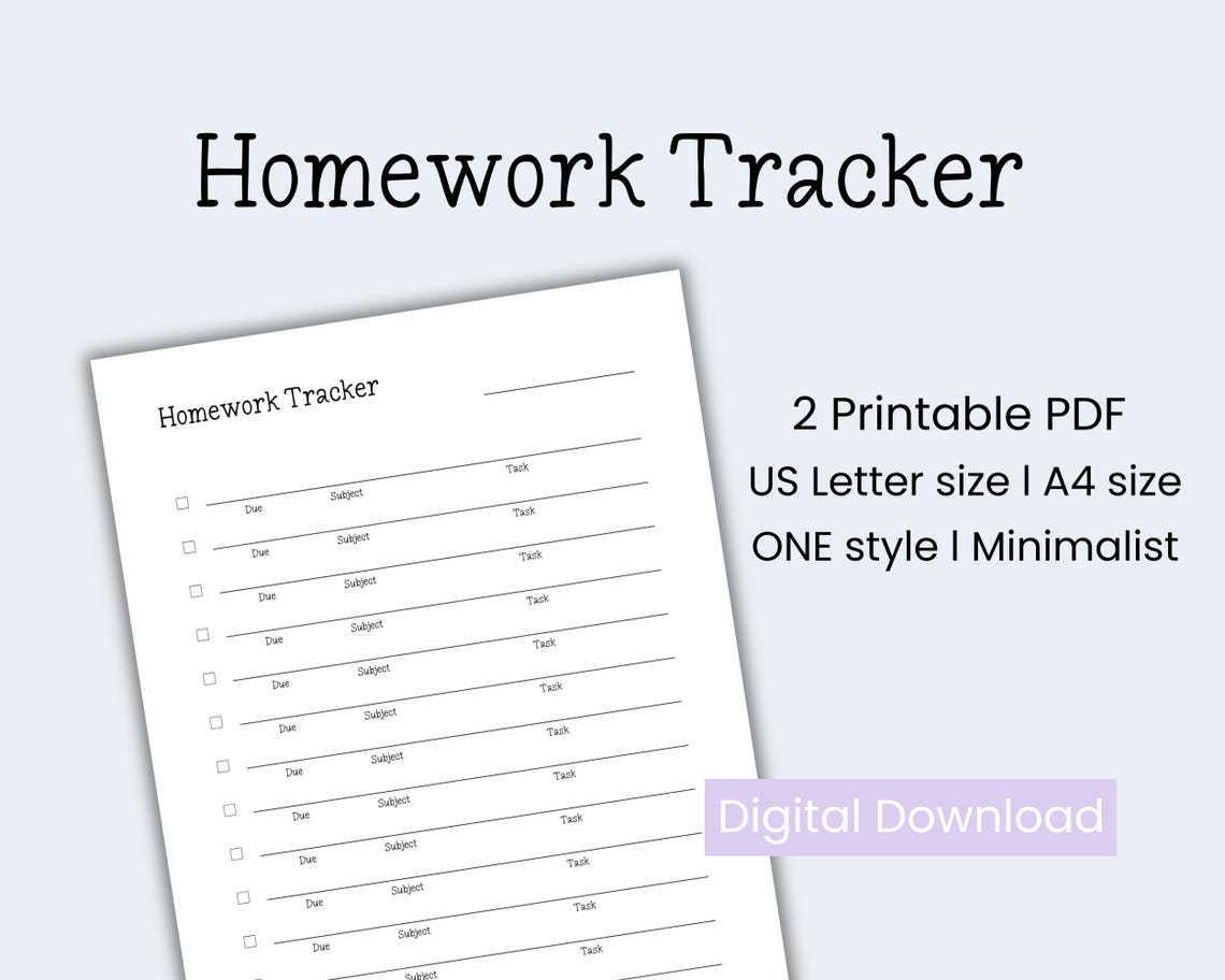 Printable Minimalist Homework Tracker, Academic Student Planner Digital ...