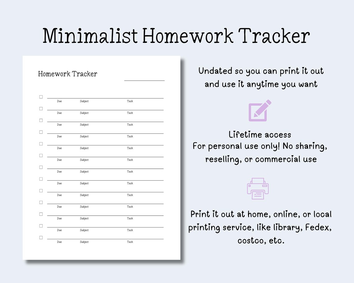 Printable Minimalist Homework Tracker, Academic Student Planner Digital ...