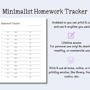 Printable Minimalist Homework Tracker, Academic Student Planner Digital ...
