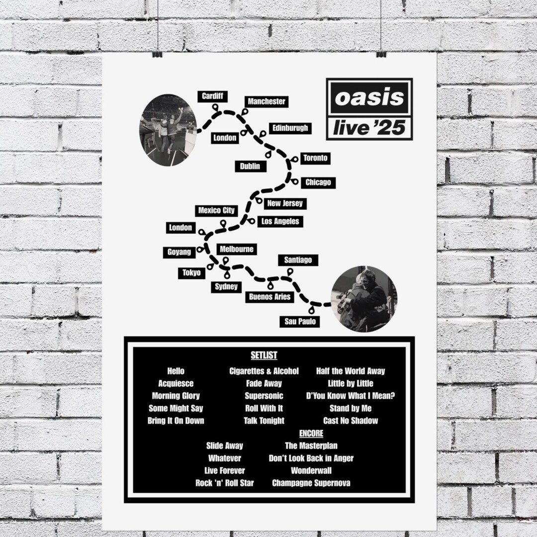 Oasis Live '25 Tour Cities and Setlist Rolled Poster - Etsy UK