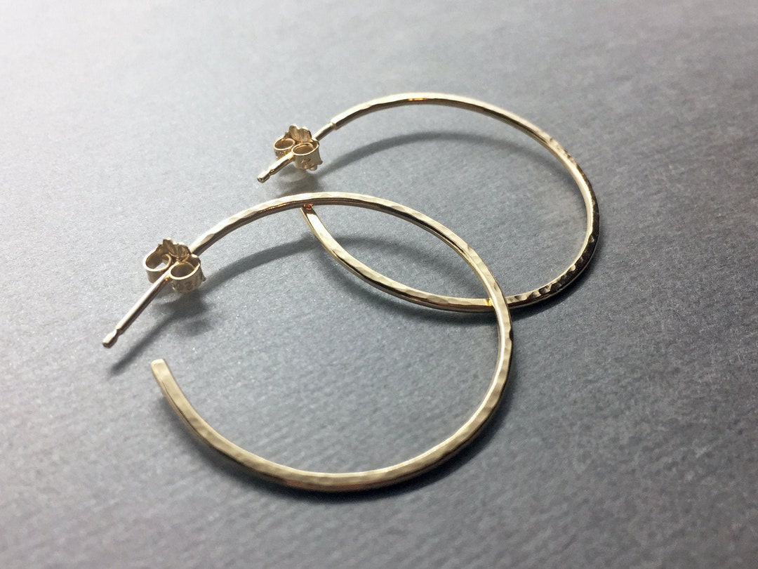 Gold Fill Post Hoop Earrings Gold Hoop Earrings 1.25 Inch Hammered ...