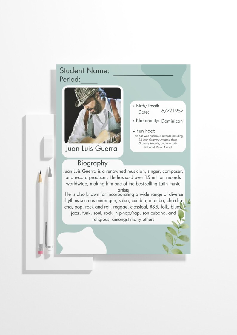 Digital Aesthetic Biography Template - A4 Printable Personality ...