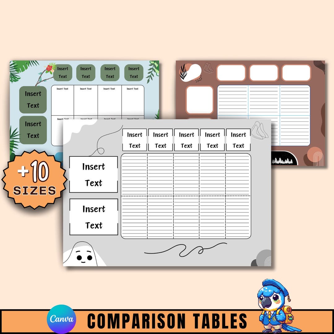 Digital Printable Comparison Tables - Aesthetic 100% Customizables ...