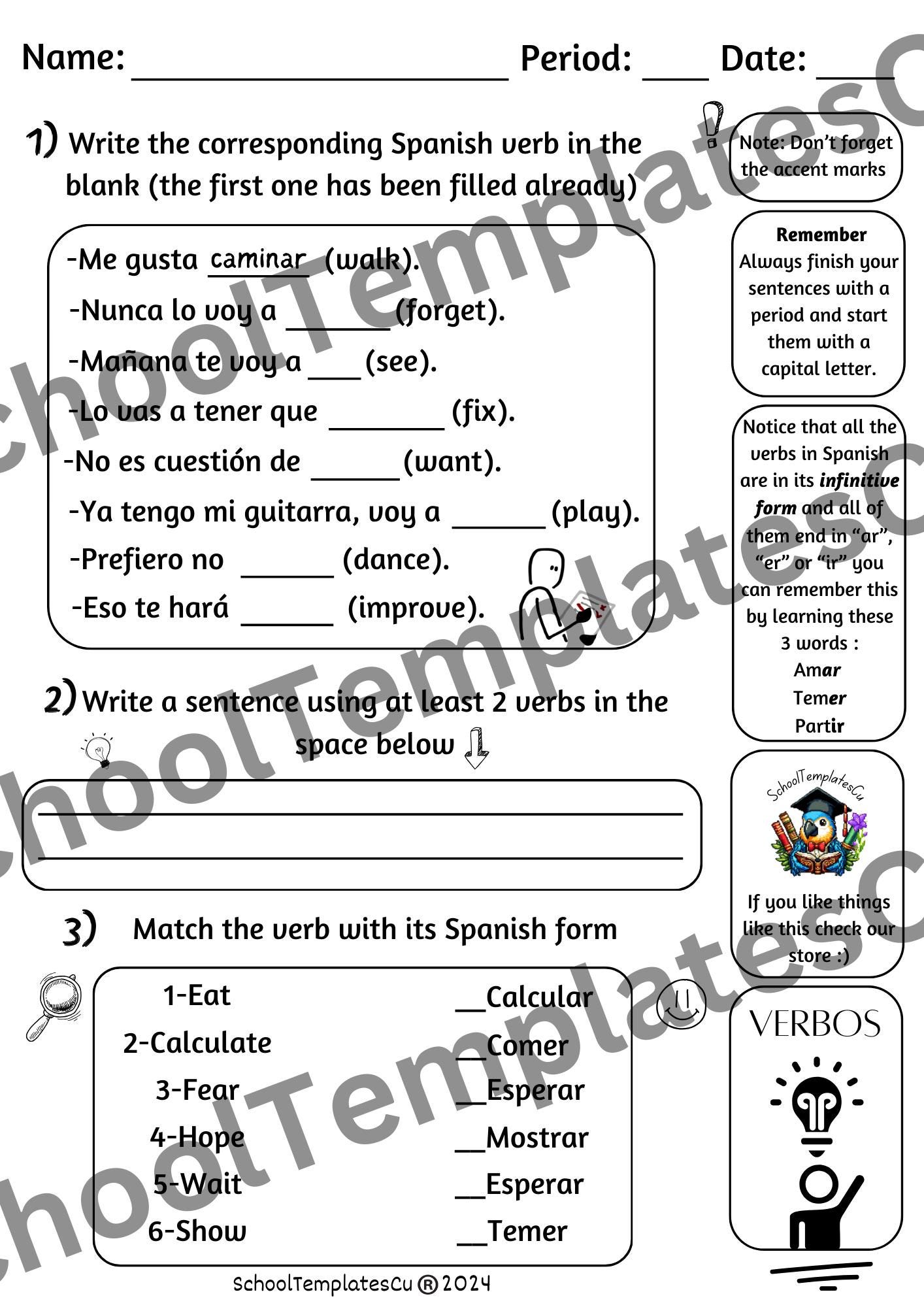 Digital Level 2 Spanish Bundle - Verbs and Adjectives A4 Printable ...