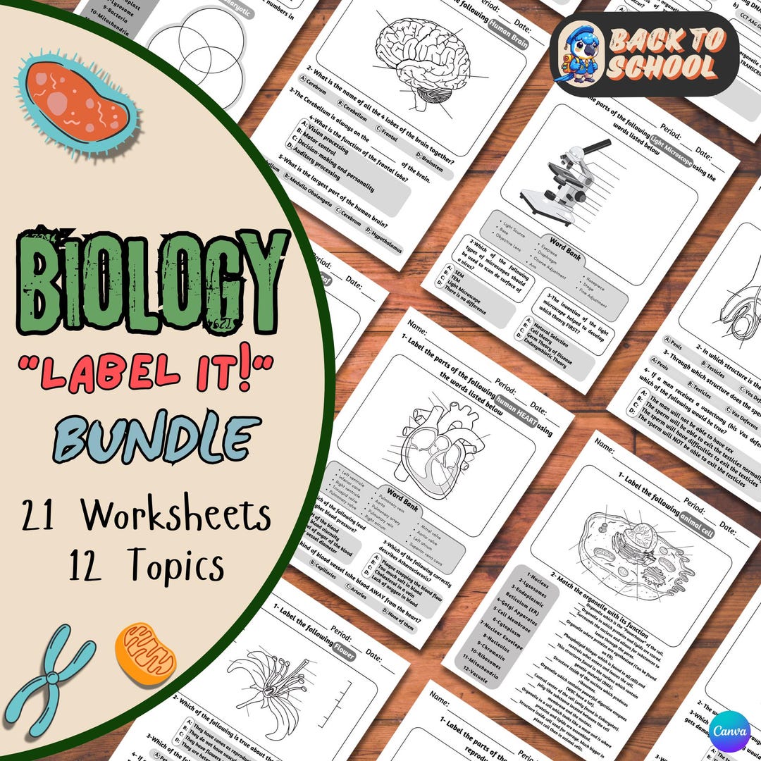 Biology Labeling Worksheets Bundle: 21 Science Worksheets (digital ...