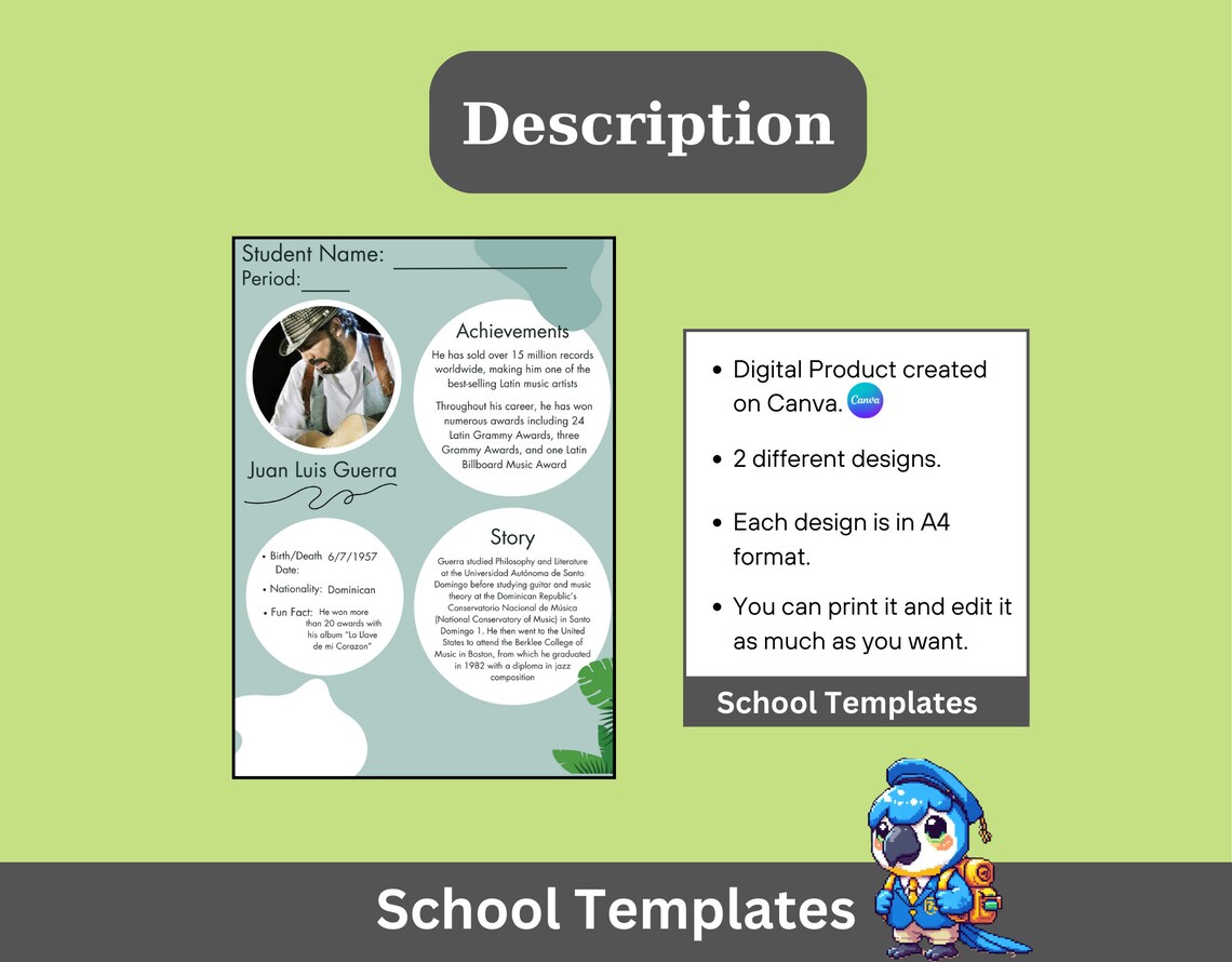 Digital Aesthetic Biography Template A4 Printable Personality ...