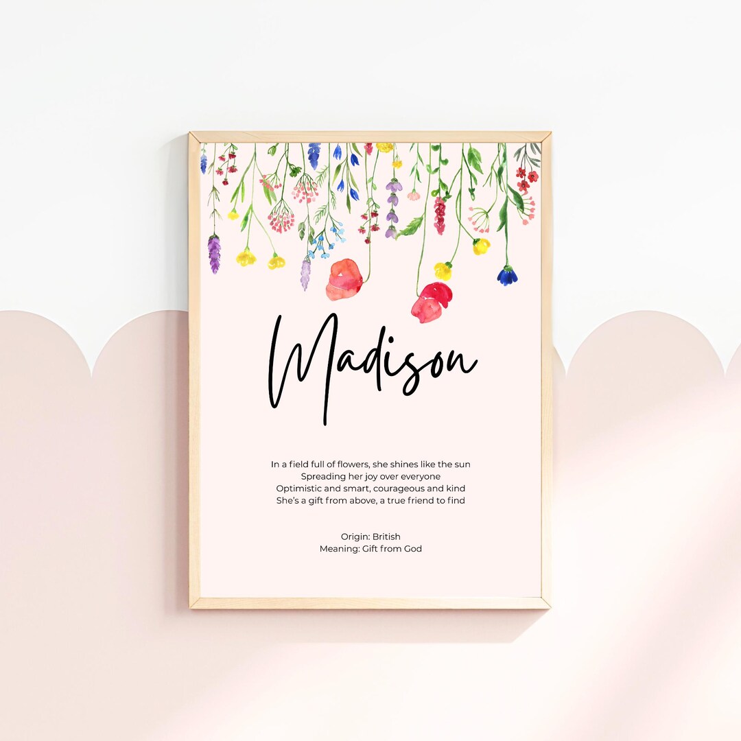 Madison Name Meaning Poem Nursery Printable Art Watercolour Wildflower ...