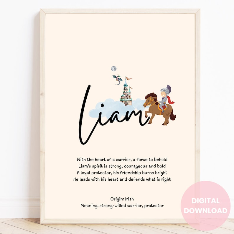 Liam, Baby Name Meaning Wall Art, Personalized Nursery Decor, Name ...