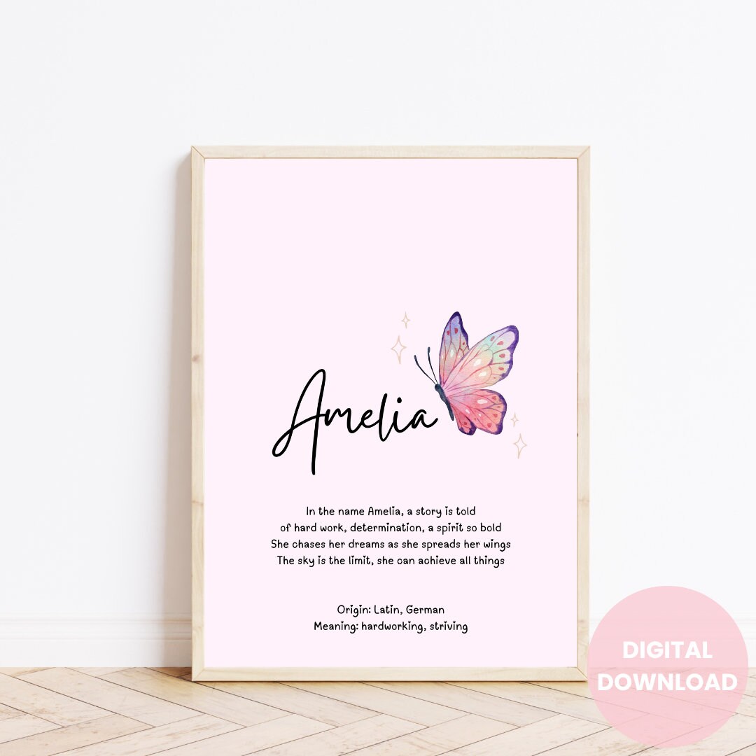 Amelia Baby Name Meaning Art Custom Nursery Decor Gift for New Parents ...