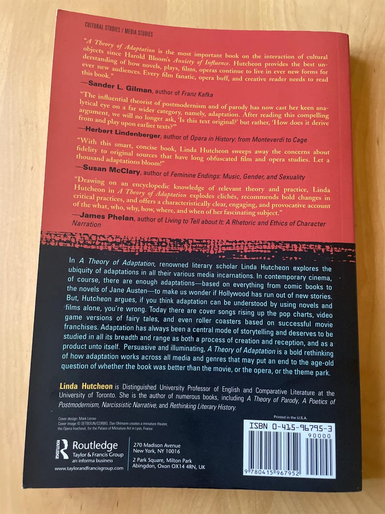 Linda Hutcheon, A Theory of Adaptation, Book - Etsy