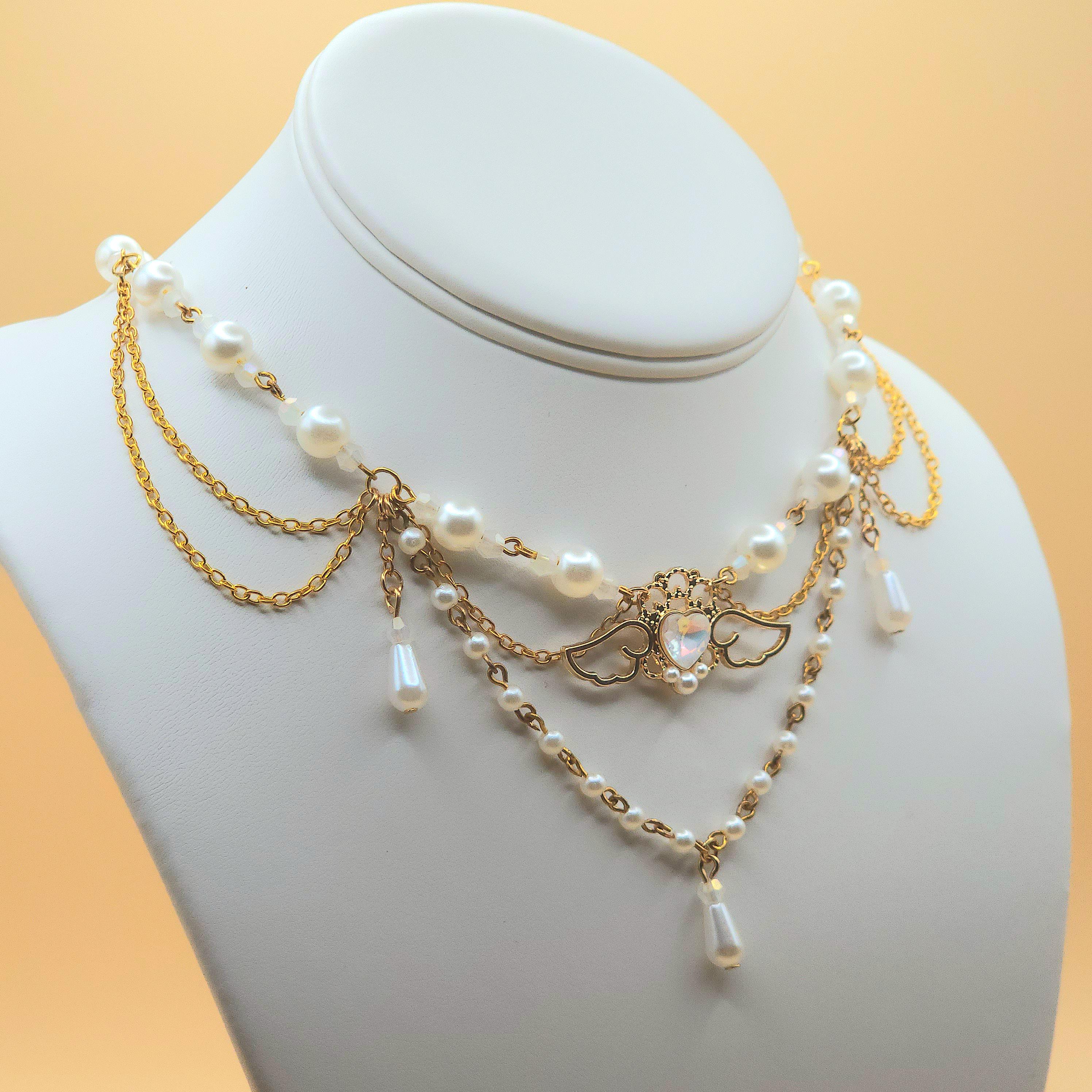 Angel Heart Pearl Necklace, Elegant Winged Gold Jewelry, Handmade ...