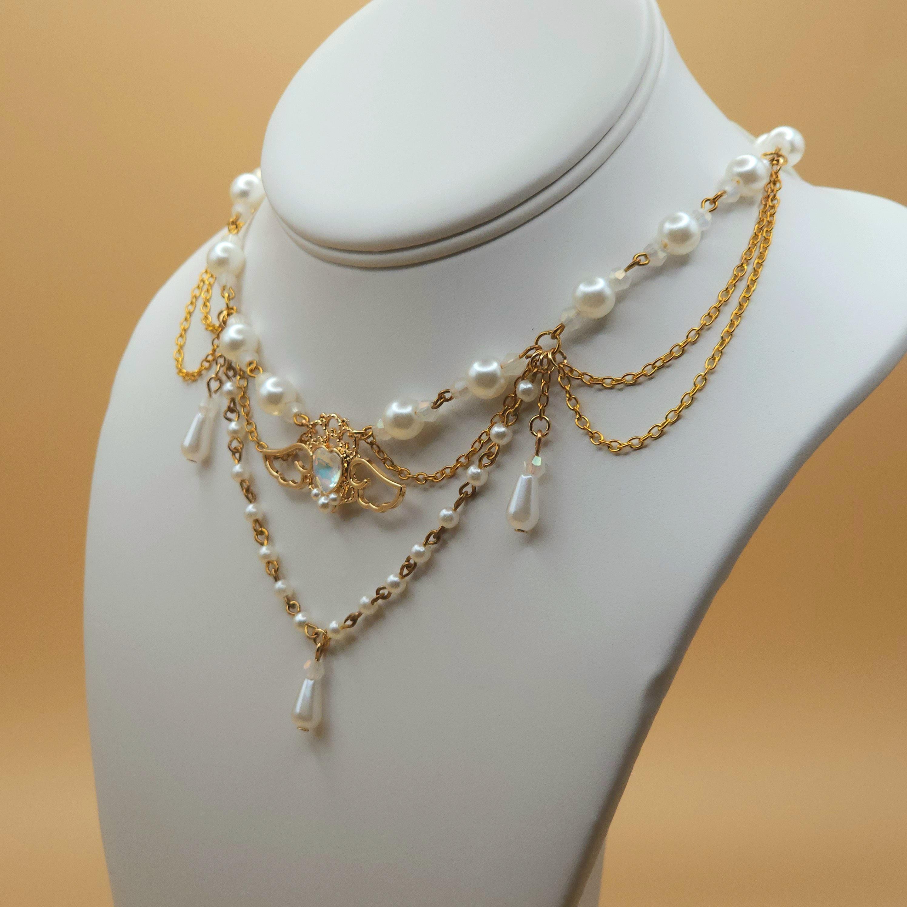 Angel Heart Pearl Necklace, Elegant Winged Gold Jewelry, Handmade ...
