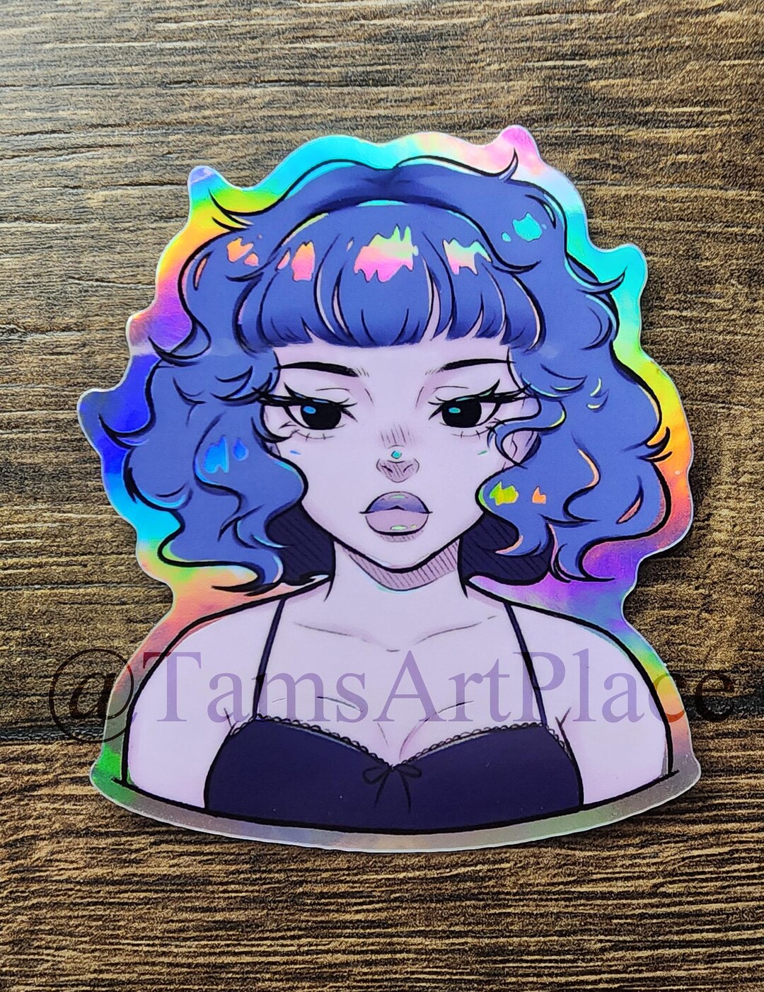 Cute Holographic Purple Anime Girl Sticker, Curly Hair Girl Vinyl ...