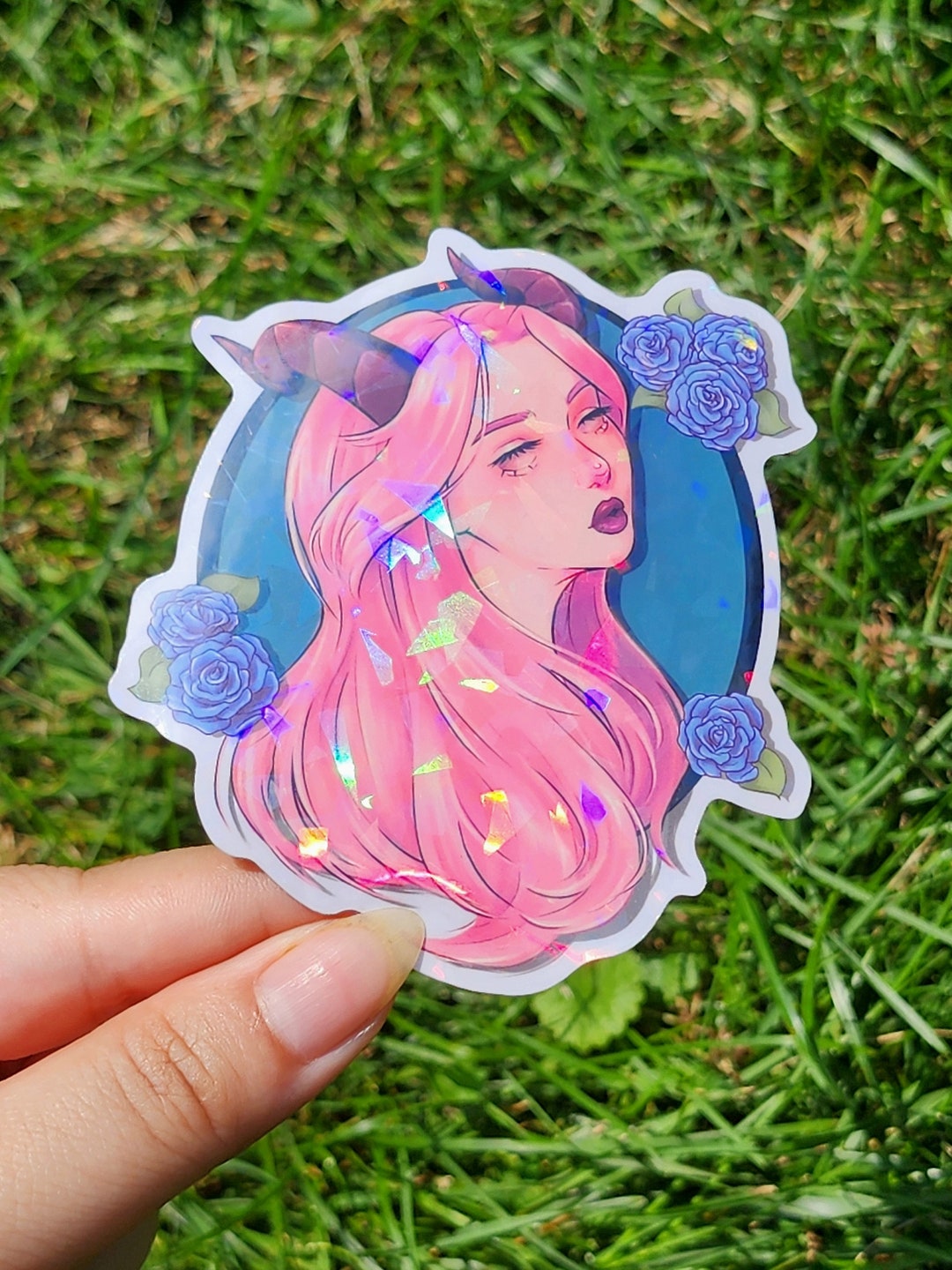 Holographic Anime Demon Girl Sticker | Pretty Pink Devil Sticker ...