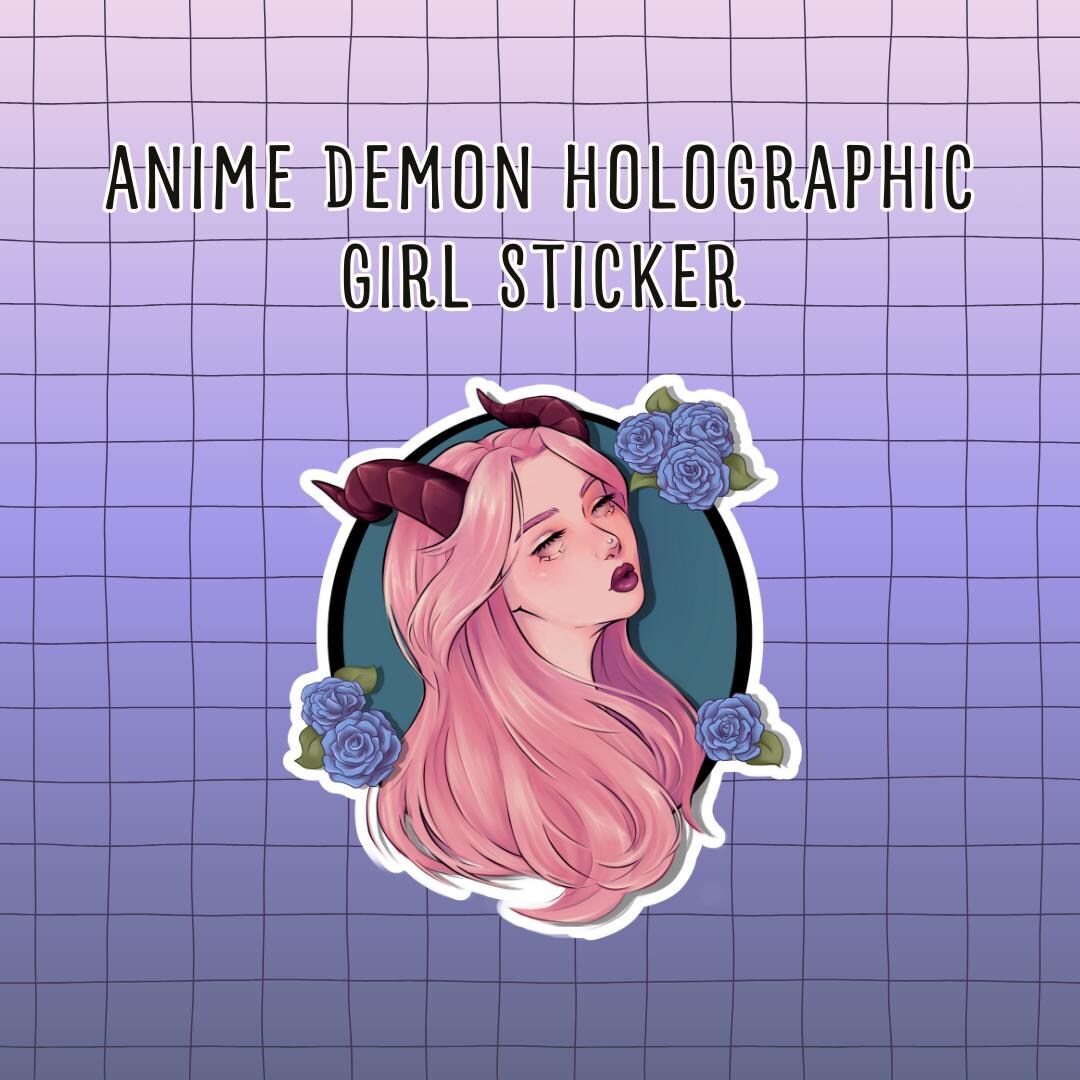Holographic Anime Demon Girl Sticker | Pretty Pink Devil Sticker ...