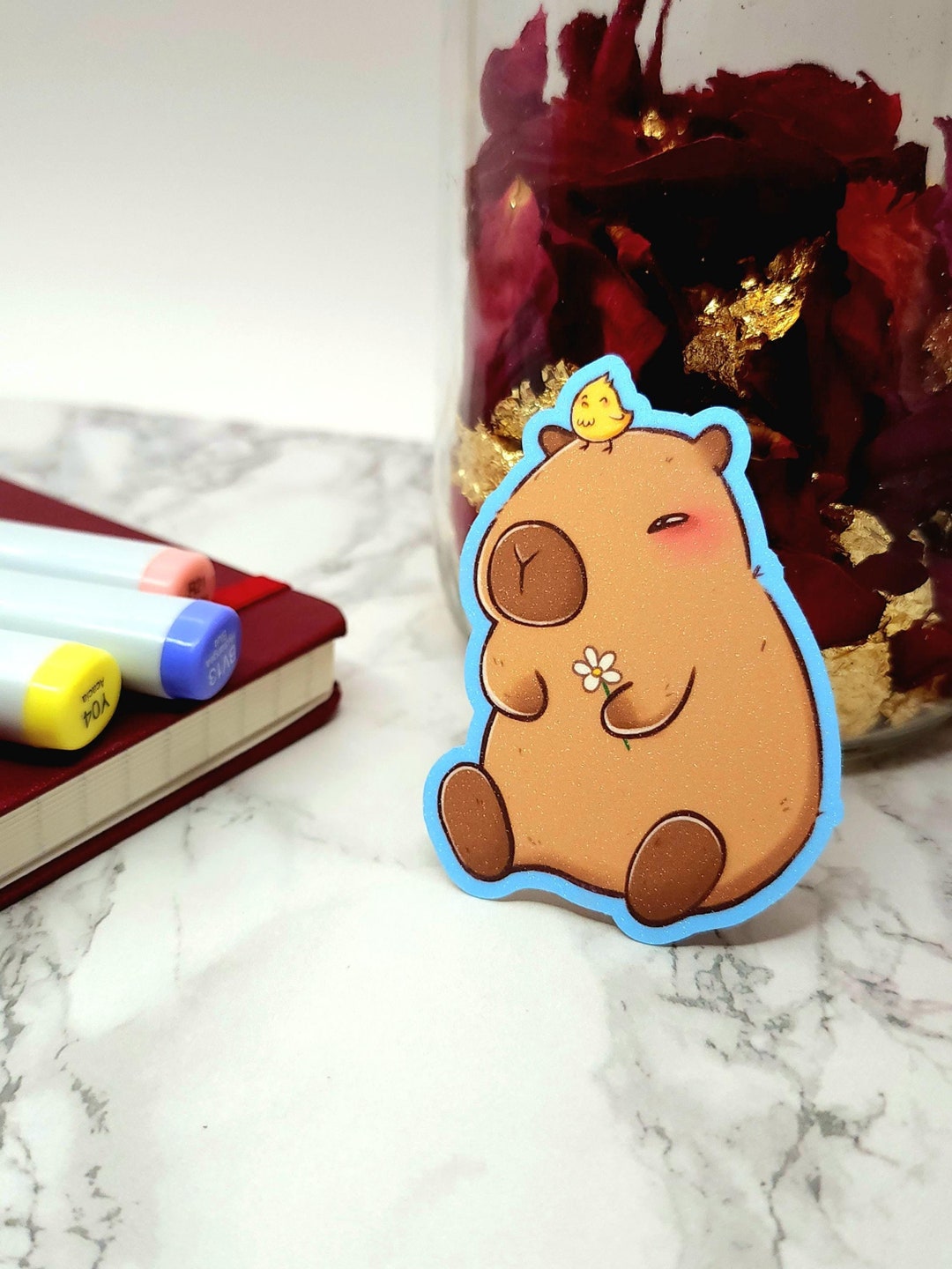Capybara & Bird Glitter Sticker | Cute Capy Sticker | Chubby Capybara ...