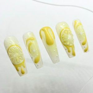 3d Lemon Jelly Drip Long Coffin Handmade Custom Press on Nails Summer ...