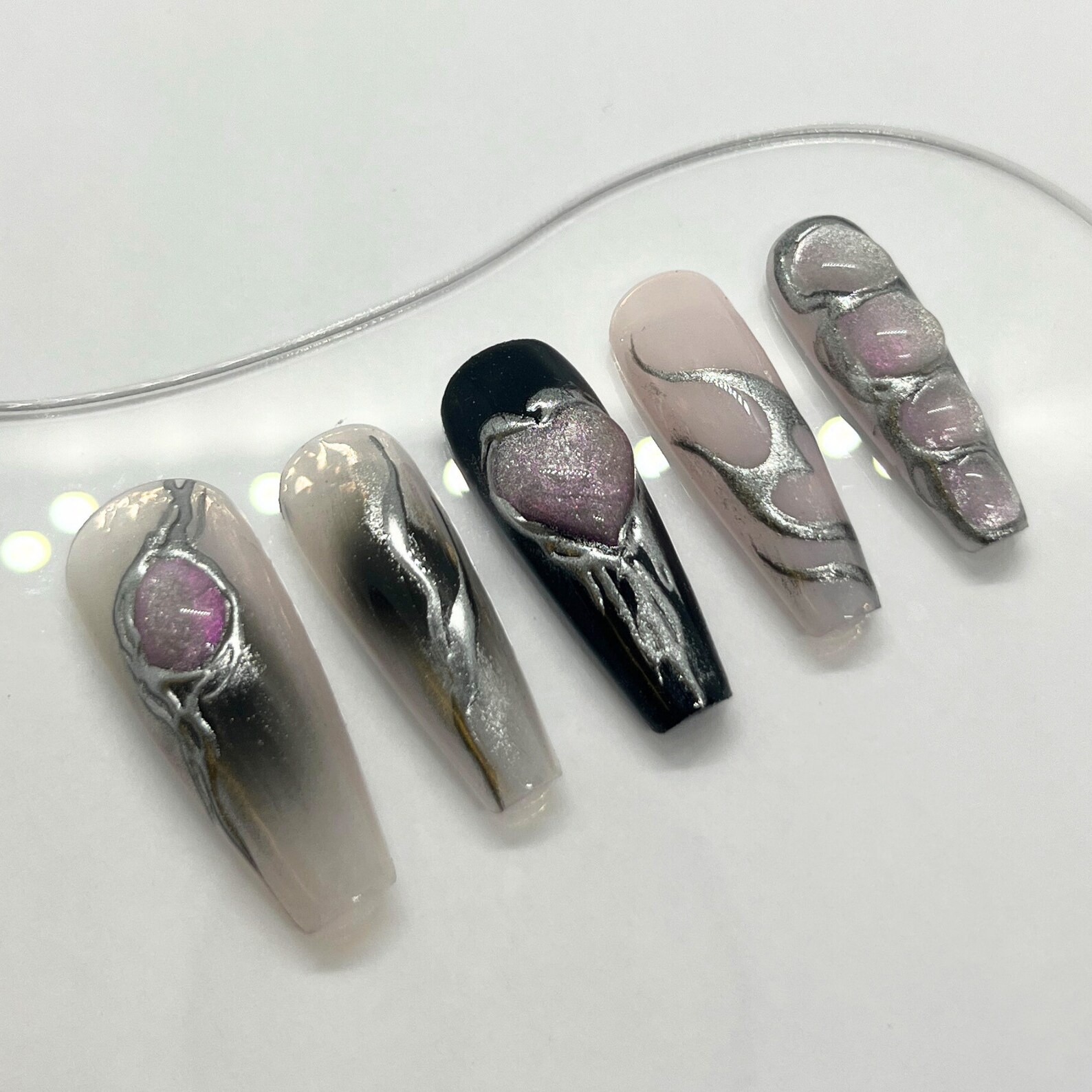 Y2k Silver Chrome 3d Purple Pink Cat Eye Glitter Melting Heart Star ...