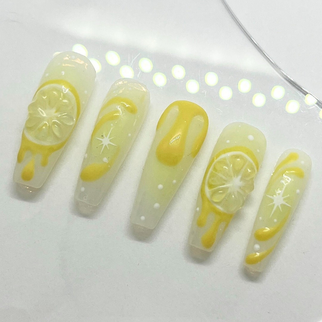 3d Lemon Jelly Drip Long Coffin Handmade Custom Press on Nails Summer ...