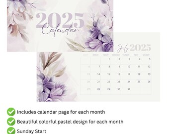 Aesthetic Minimalist Watercolor Illustration Year 2025 Monthly Calendar ...