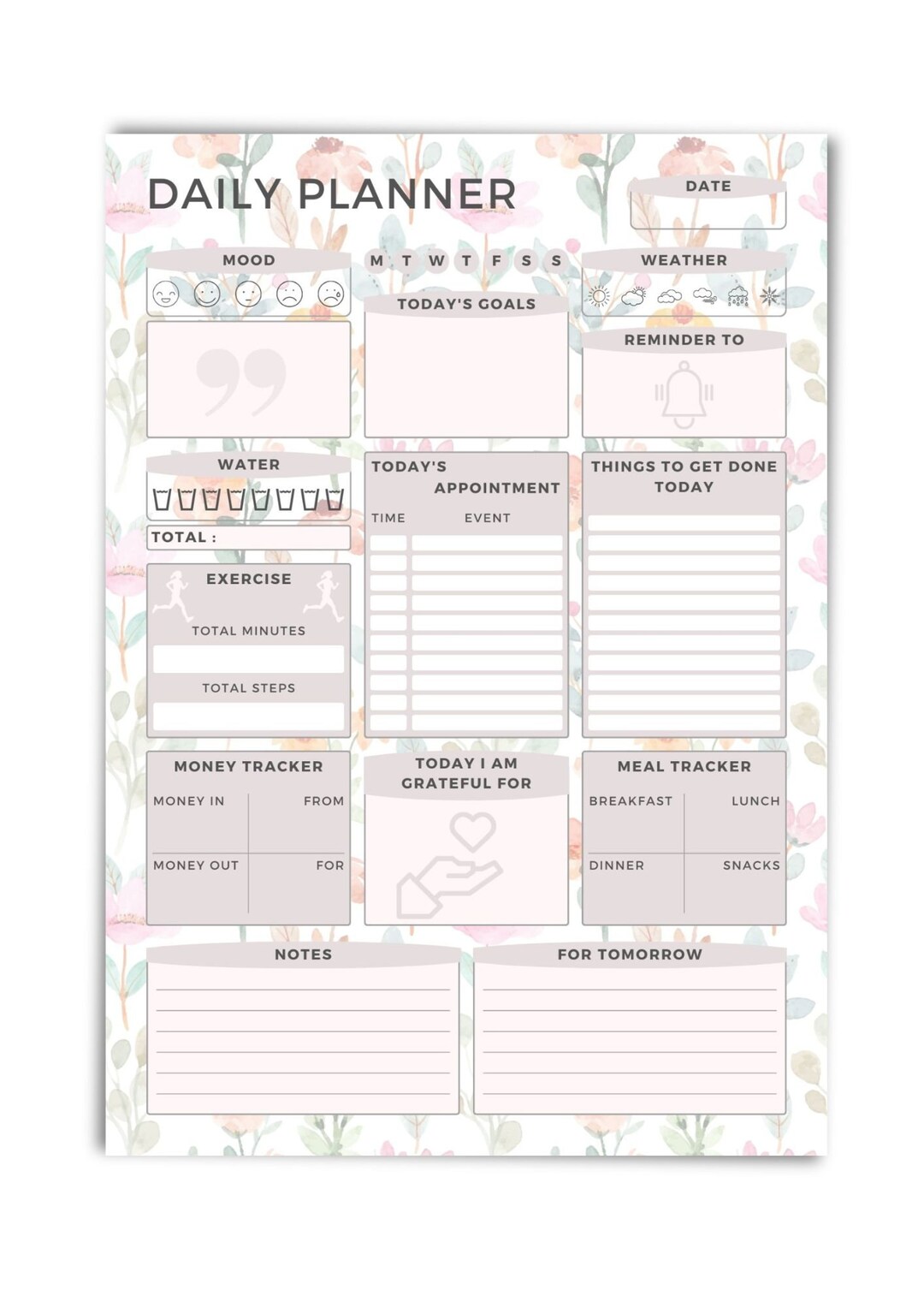 Daily Planner | Floral Daily Planner | Portrait - Etsy