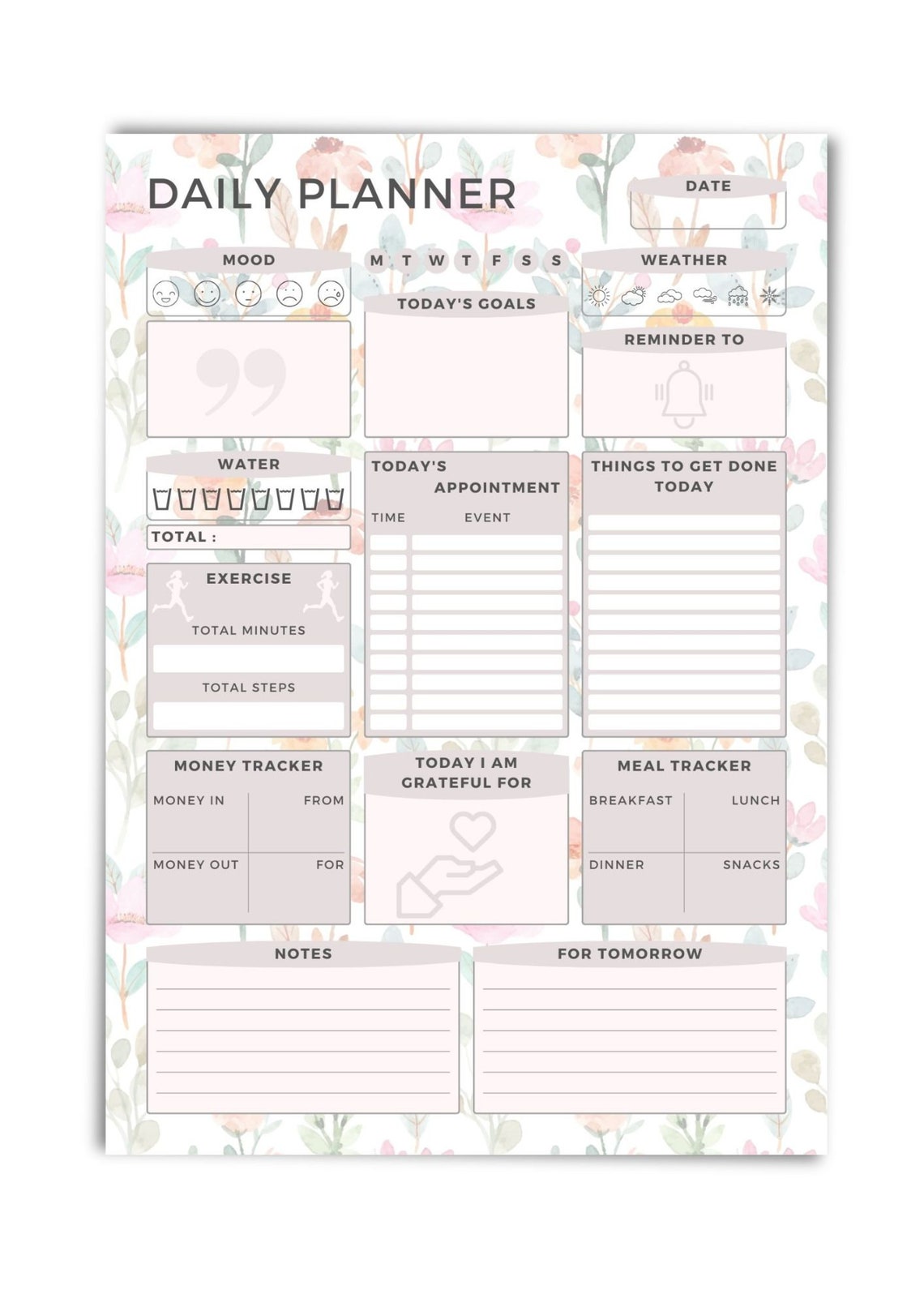 Daily Planner | Floral Daily Planner | Portrait - Etsy