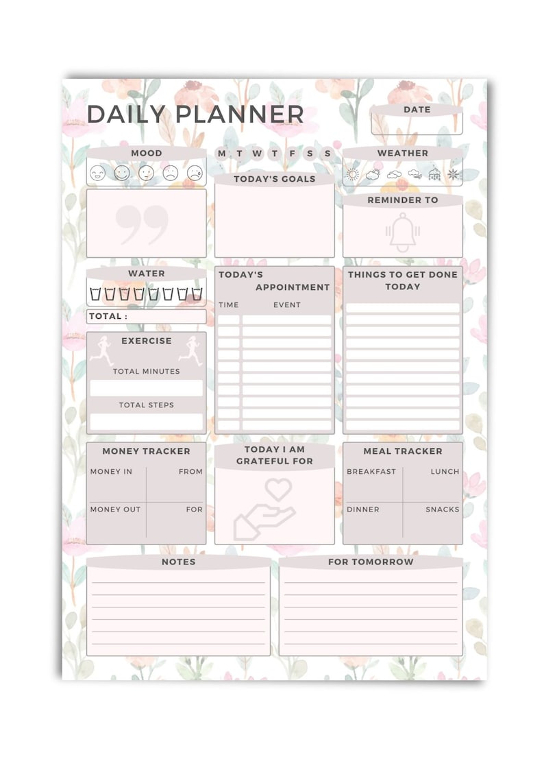 Daily Planner | Floral Daily Planner | Portrait - Etsy
