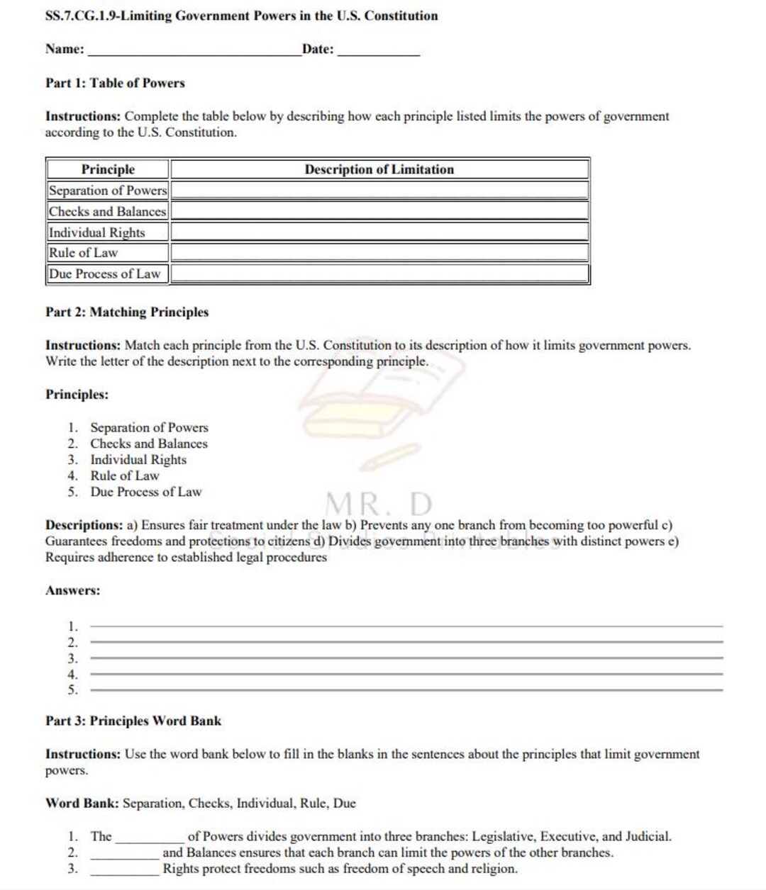 U.S. Constitution Worksheets 2 Worksheets-2 Page Each One: Preamble ...