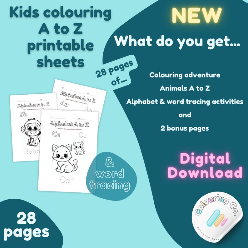 Kids Colouring Book - Animals Alphabet A to Z With Tracing Activities ...