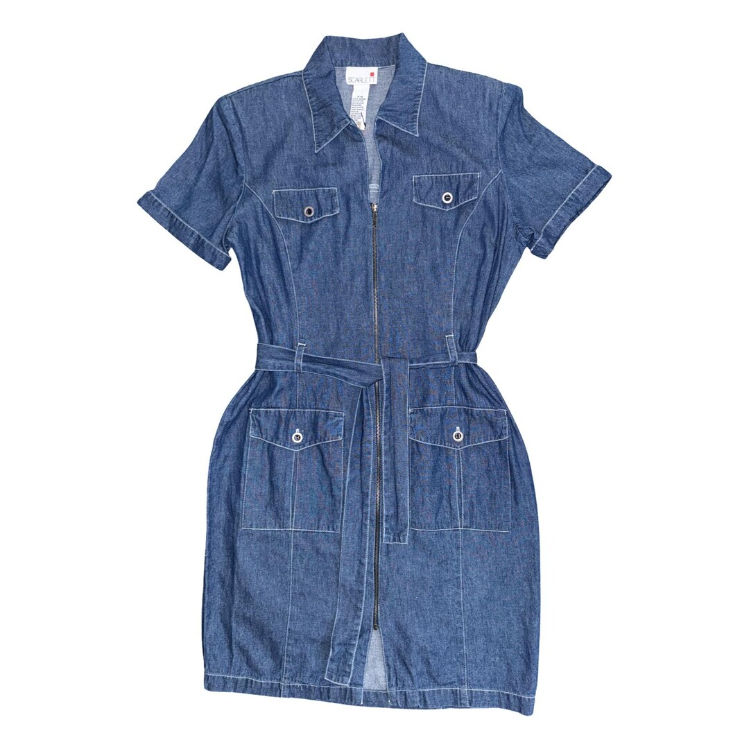 Vintage Denim Zip up Dress With Tie Waist and Pockets - Etsy