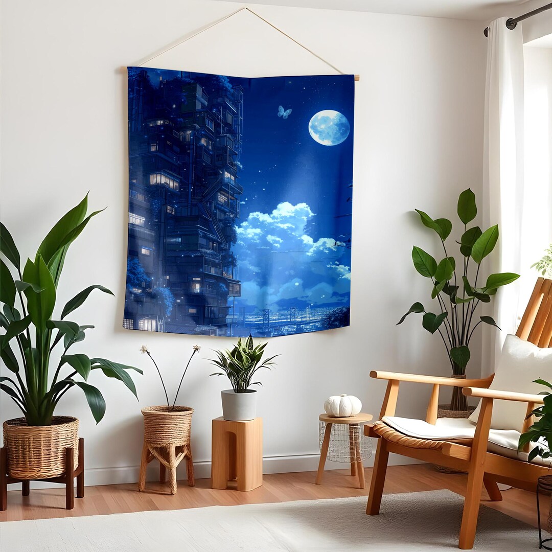 Anime City Nightscape Poster | Lo-fi Art | 3D Pixel Render | Full Moon ...