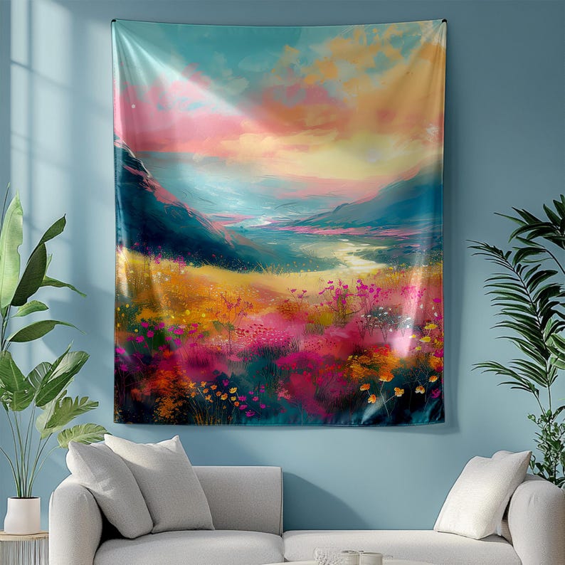 Impressionist Anime Art | Field Flowers & Mountains Poster | Vibrant ...