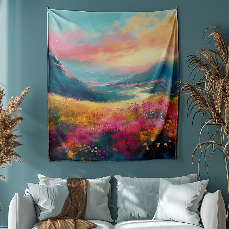 Impressionist Anime Art | Field Flowers & Mountains Poster | Vibrant ...