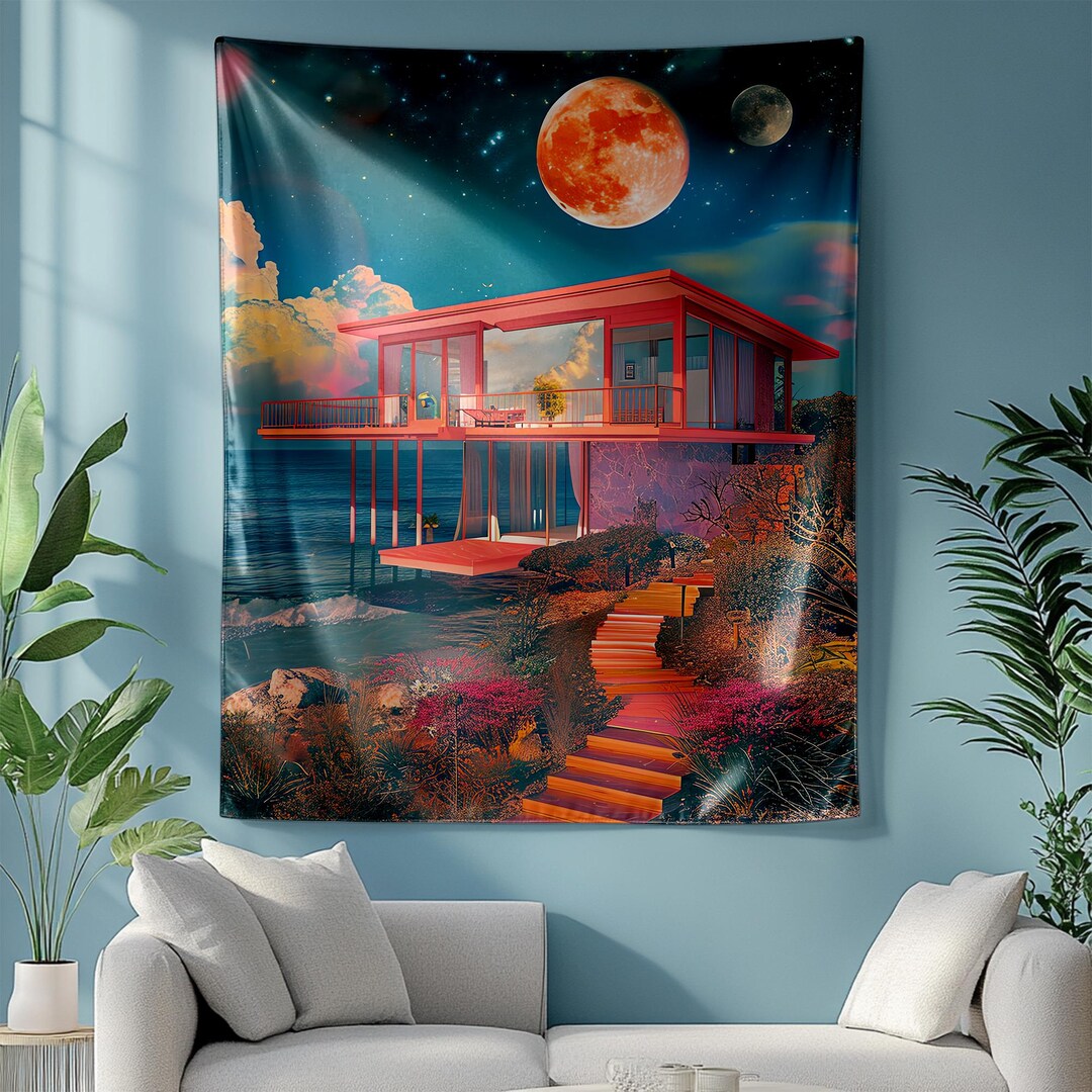 Vaporwave Beach House Moon Poster | Retro-futurism Photo Manipulation ...